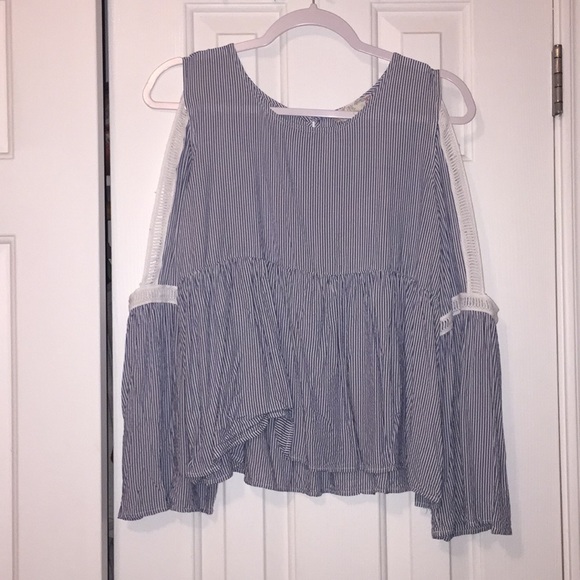 Tops | Blue And White Striped Flowy Top With Open Sholder | Poshmark